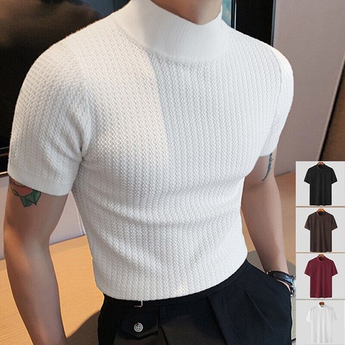 New Casual Short Sleeve Base Undershirt Men's Half High Neck Solid ...