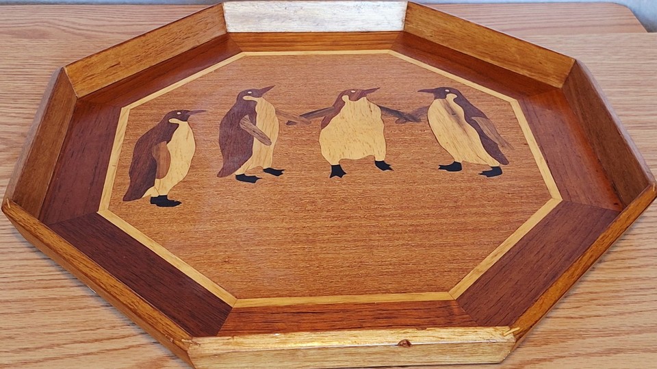 Large VTG Wood Marquetry Penguin Tray Octagon Inlaid Folk Art ...