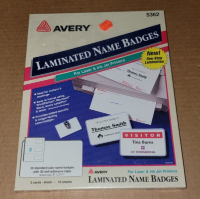 Vintage Avery 5362 Laminated Name Badges Laser/Inkjet 2" x 3.25" White ...