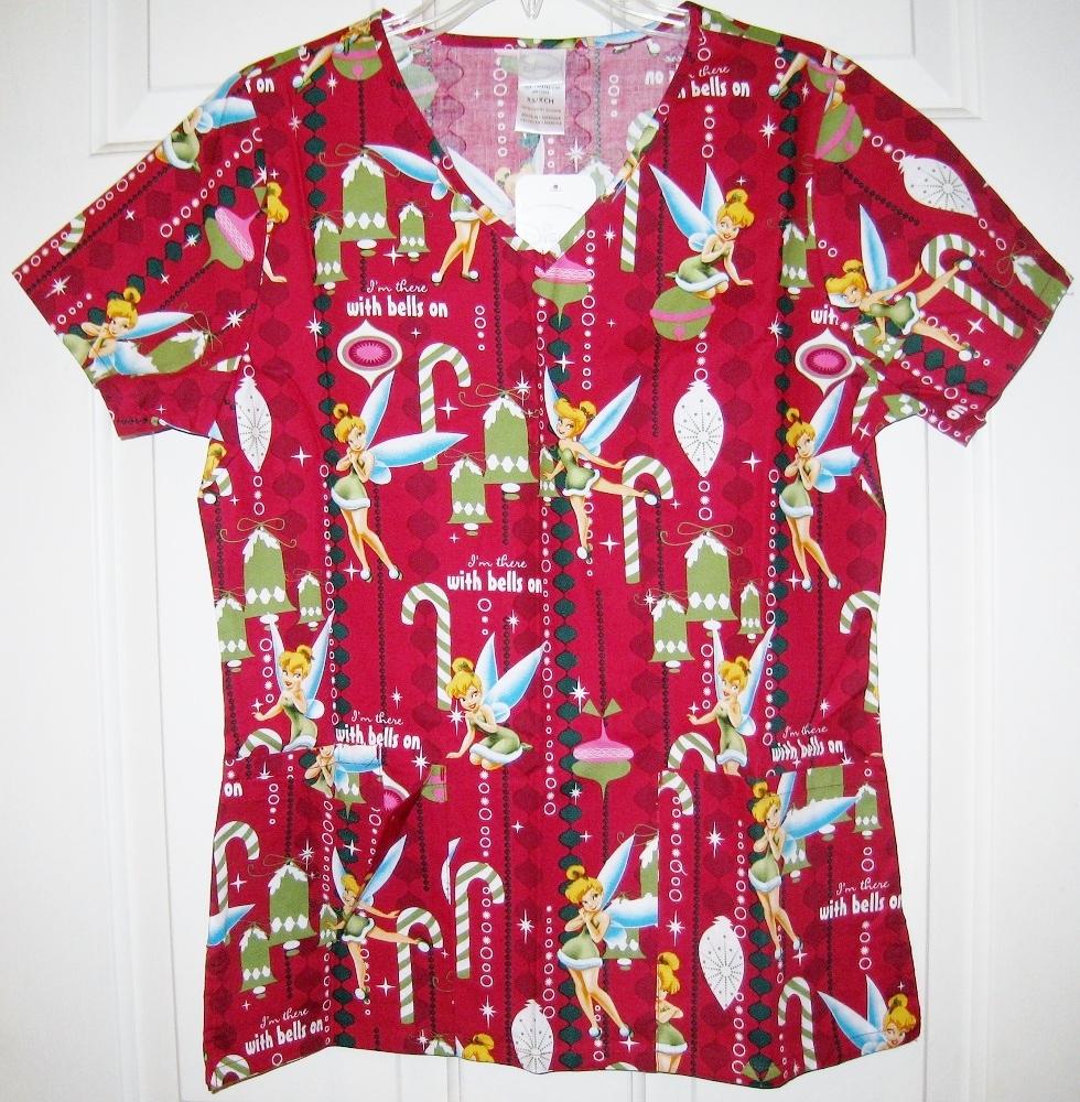 Disney Red Tinkerbell V-Neck Nurse's Christmas Scrub w/3 Front Pockets ...