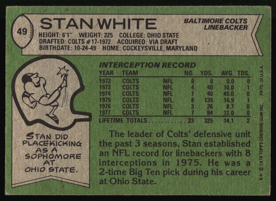 1978 Topps Stan White #49 Baltimore Colts L3 | eBay