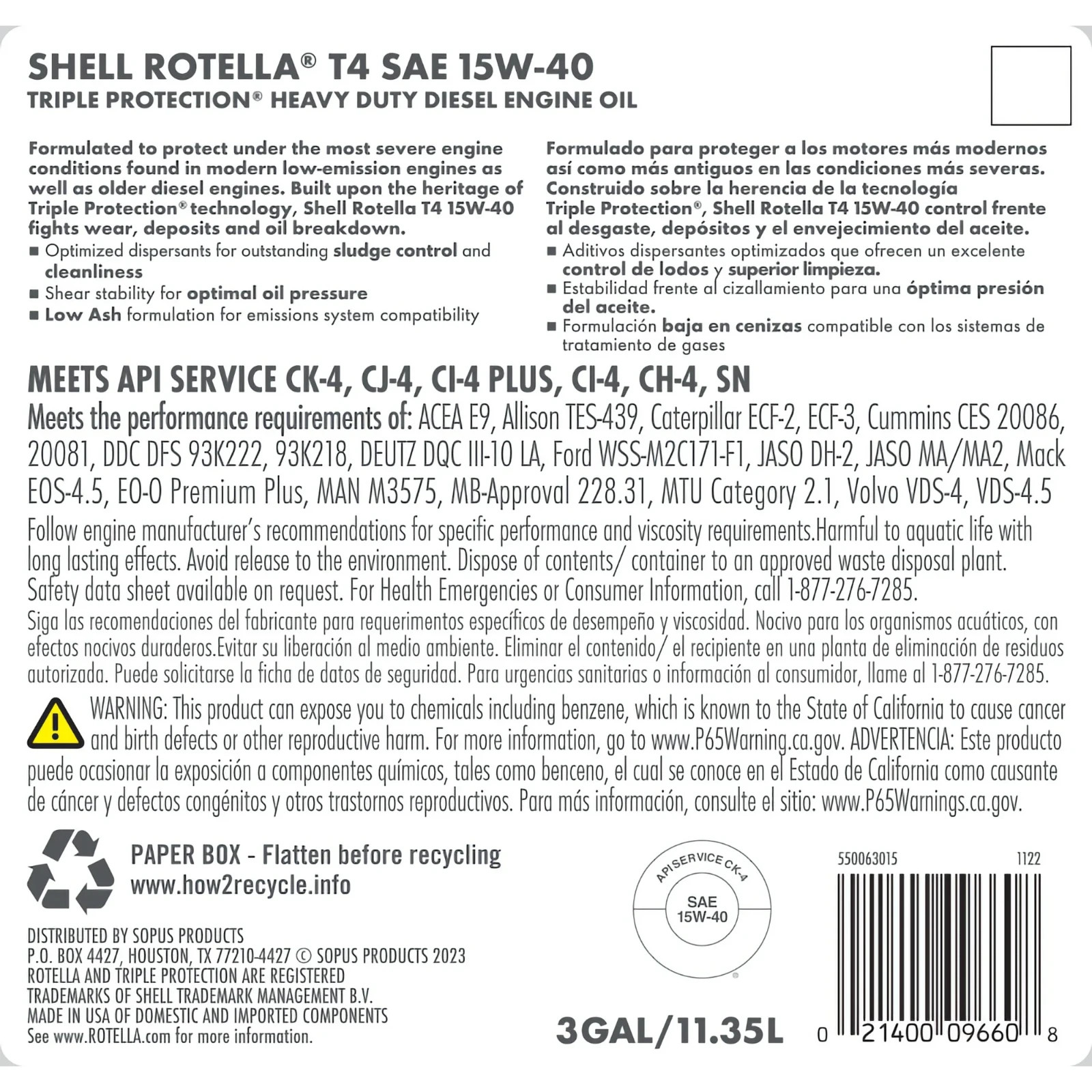 3 Gallon Shell Rotella T4 Triple Protection 15W-40 Diesel Engine Oil ...