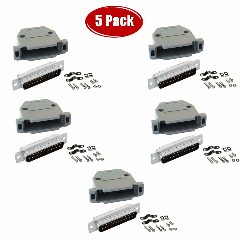 5 PCS DB25 D-SUB 25-Pin Male Solder Cup Serial Connector + Plastic Hood ...