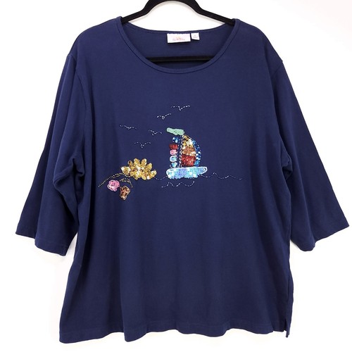 Quacker Factory T-shirt Embellished Sailboat Nautical 3/4 Sleeve Navy ...
