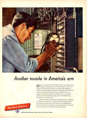 1952 Western Electric PRINT AD Bell Telephone Man Working on Wiring Air ...