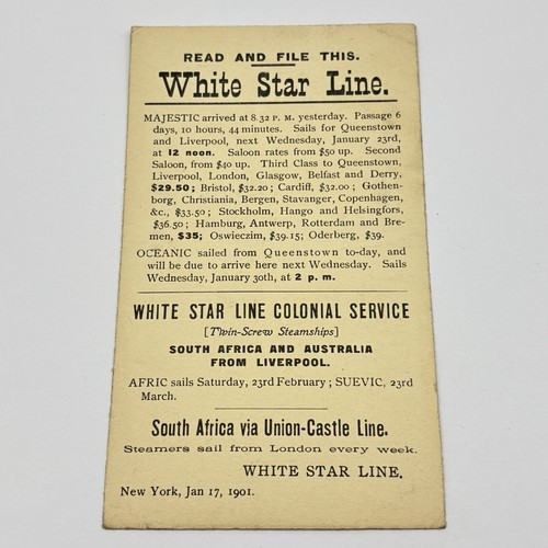RMS Majestic White Star Line Notice to Agents Postal Card New York ...