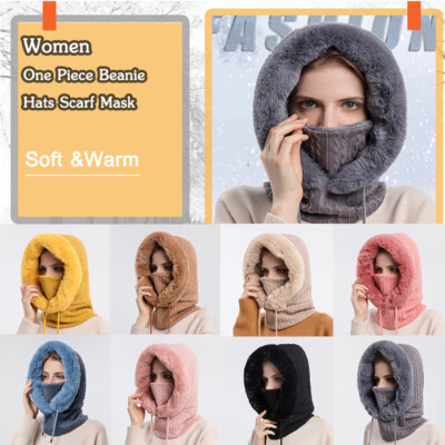 One Piece Slouchy Winter Thermal Hats Mask Scarf Set Warm Knit Hat Neck ...