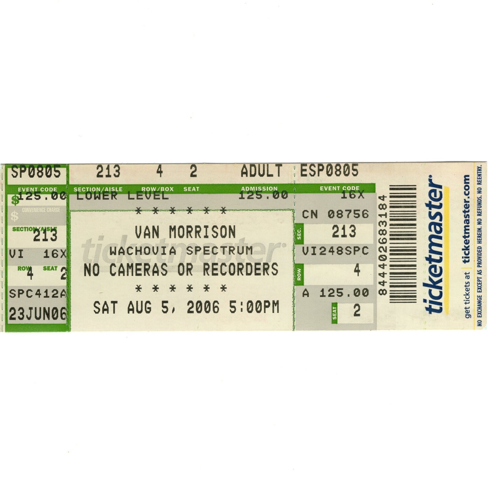 Van Morrison Concert Ticket Stub Philadelphia PA 8/5/06 Spectrum Moondance