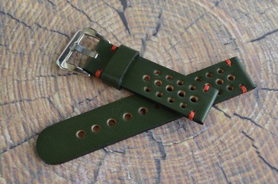 Green leather watch Rally strap 20mm, 21mm, 22mm, 23mm, 24mm, handmade ...