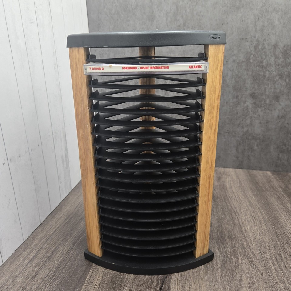 Fellowes 1990s CD Tower Rack Wood & Black Plastic Holds 20 CDs Retro ...