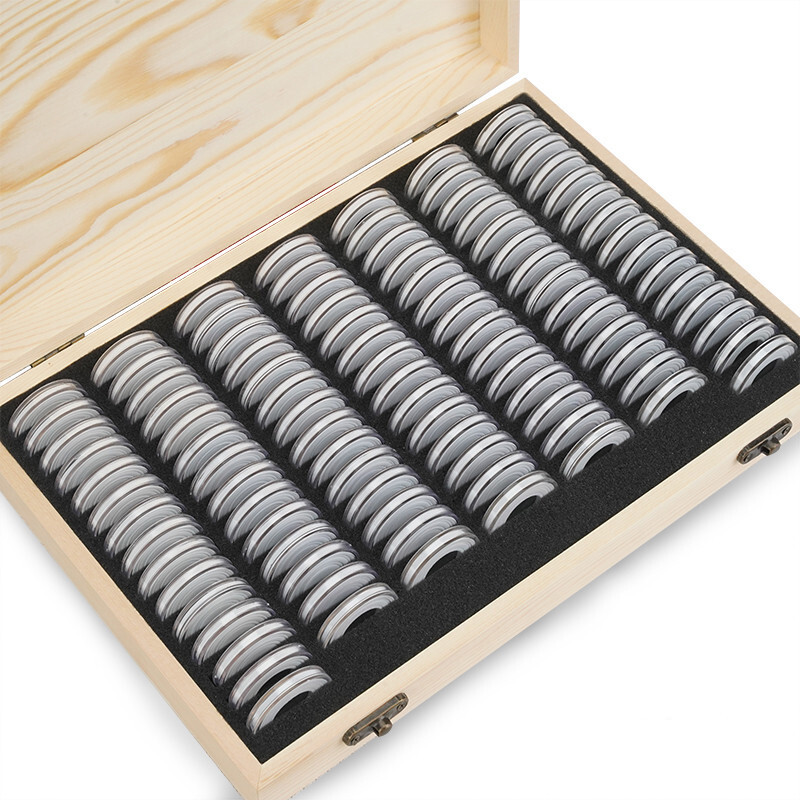 100Pcs Coin Capsules Wooden Display Storage Box Case Holder for Coin ...
