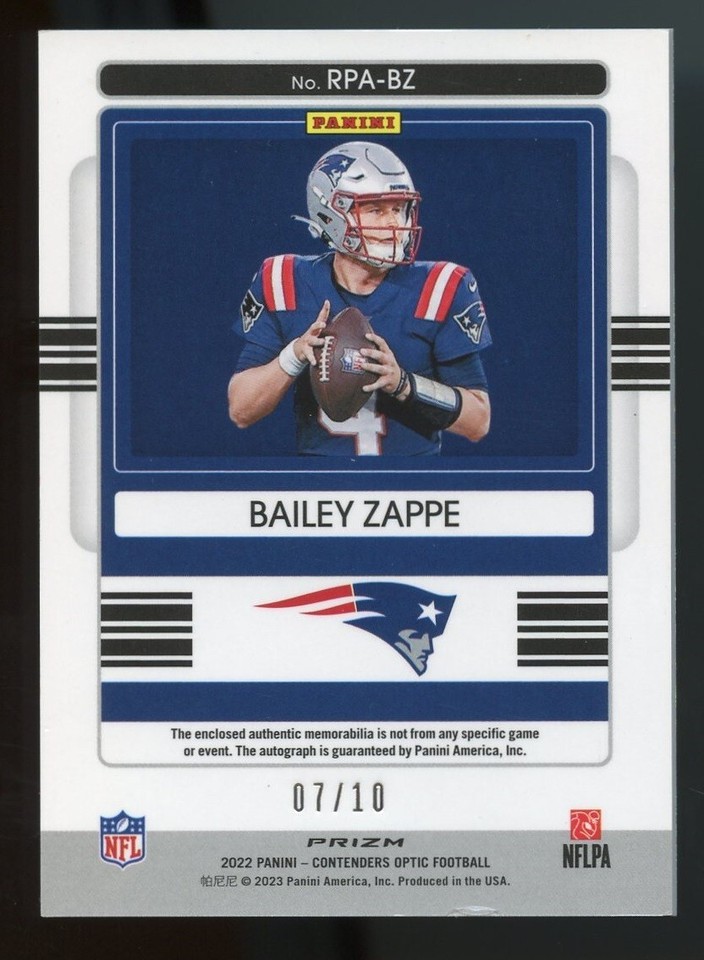 2022 Panini Contenders Optic Bailey Zappe Autograph Rookie Patch Black /10 Auto | eBay