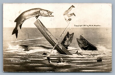 EXAGGERATED FISHING 1911 ANTIQUE REAL PHOTO POSTCARD RPPC | eBay