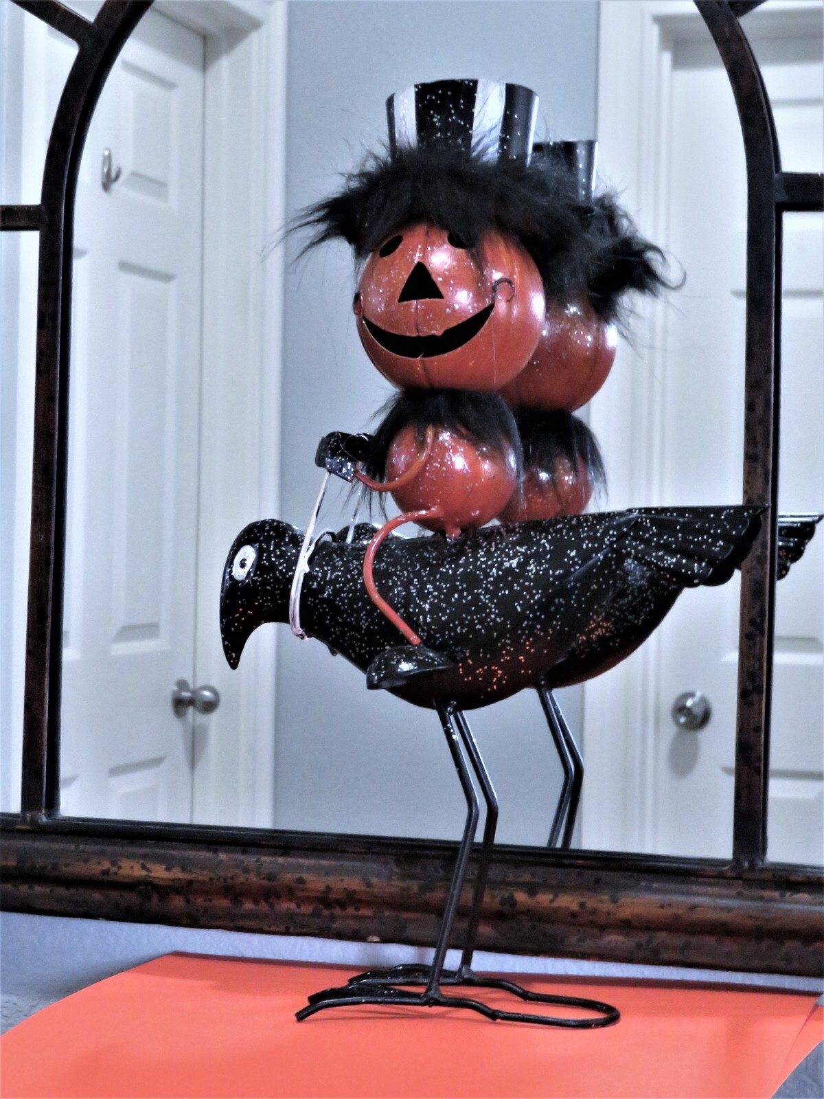 Tin Pumpkin On Black Crow Standing Halloween Décor 15.25 Inches Tall | eBay
