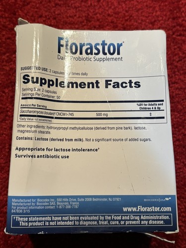 Florastor 250 mg Daily Probiotic Supplement - 100 Vegetarian Capsules ...