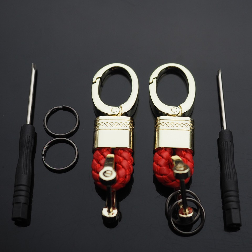 2pcs Red & Gold Woven Leather Fob D-Ring Keychain Key Split Rings ...