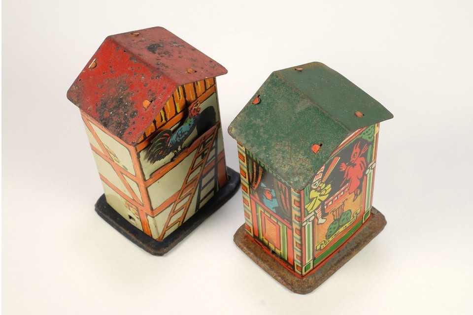 2 German Antique Tin Toy Coin Banks 1920s – Punch & Judy, Rooster House ...