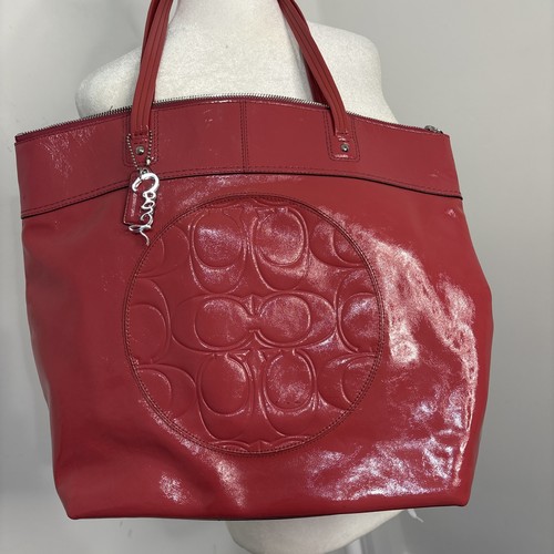 Coach LAURA Patent Leather Tote Zip Corral Pink Mauve Logo Embossed ...