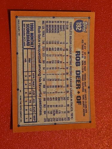 ⚾️1991 BREWERS Rob Deer signed card Topps #192 AUTO Autographed ...