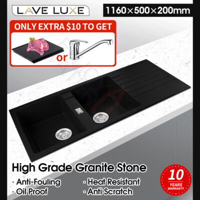 1160x500mm Black Granite Stone Double Kitchen Sink w/ Defrosting Tray ...