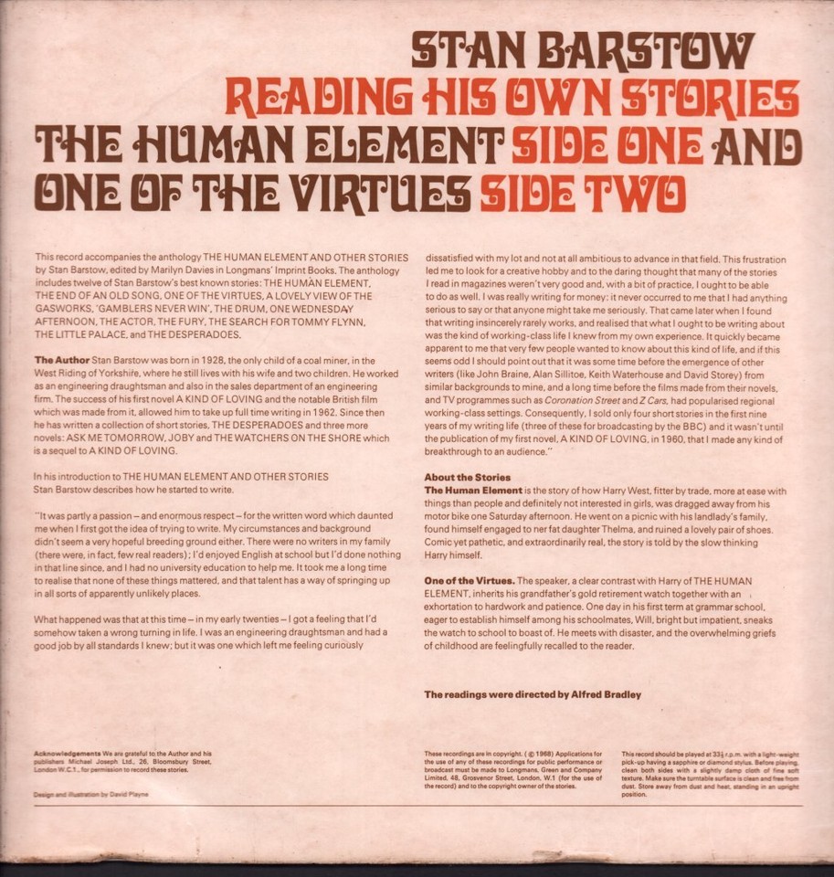 Stan Barstow Reading His Own Stories LP vinyl UK Longmans 1968 spoken ...