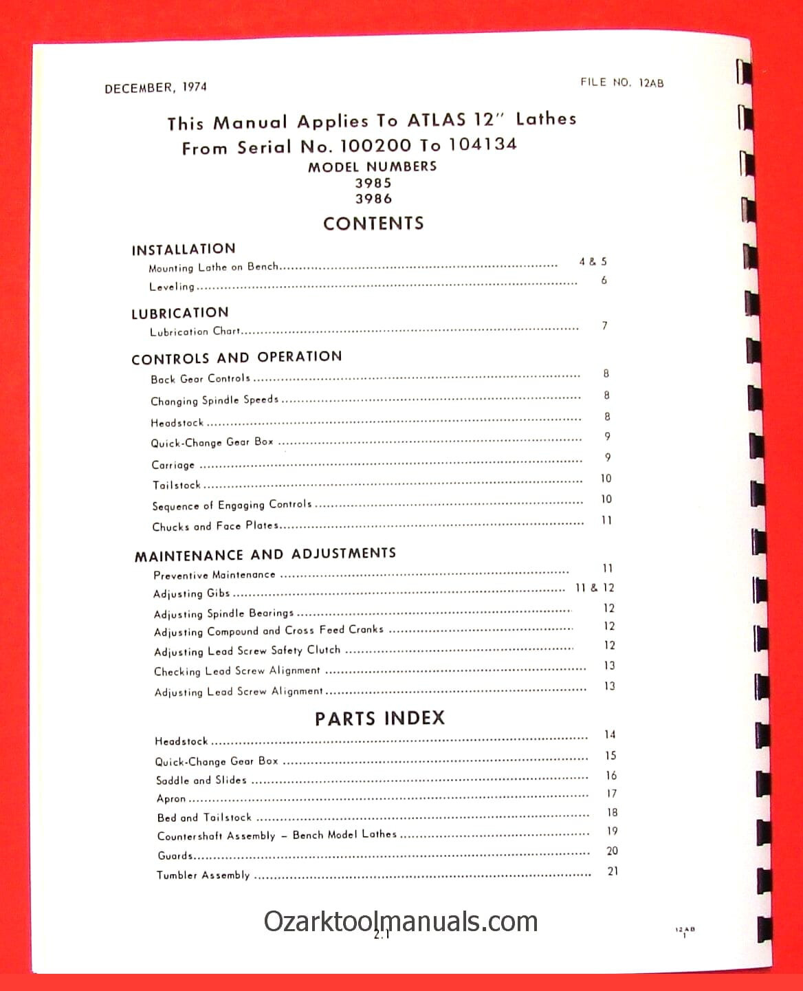 ATLAS/CRAFTSMAN 12" Bench Metal Lathe 3986 & 3985 Owner Parts Manual ...