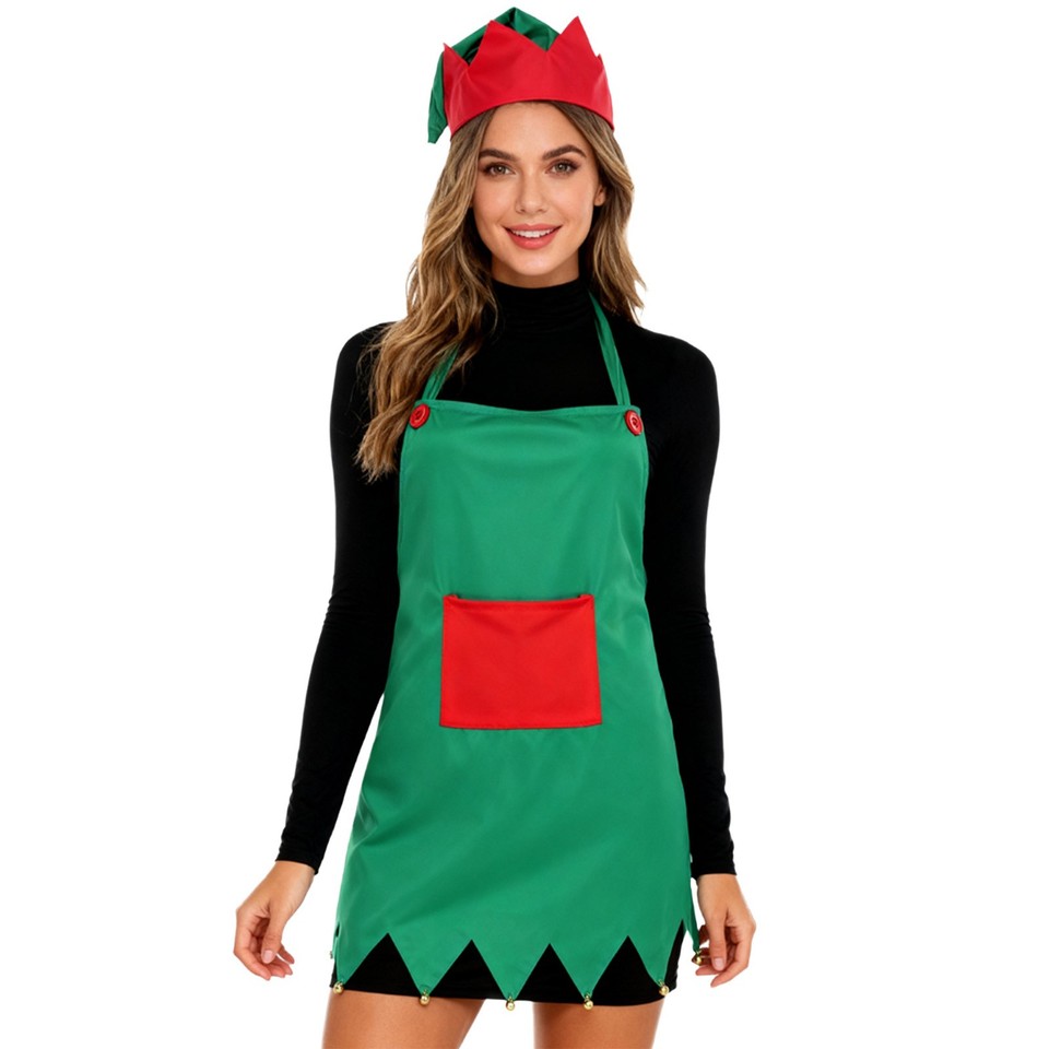 Women's Apron Holiday Elf Costume Fancy Dress Christmas Unisex Outfit ...
