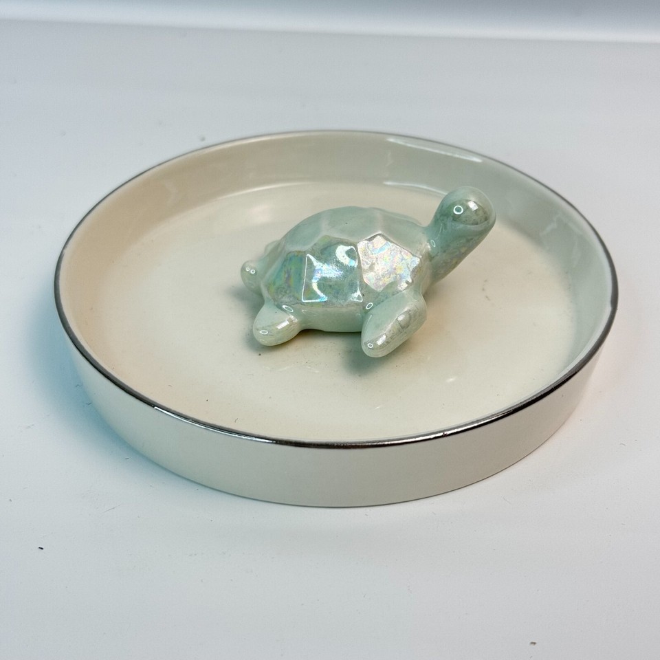 3D Iridescent green Ceramic Turtle Figure round Trinket dish/Jewelry ...