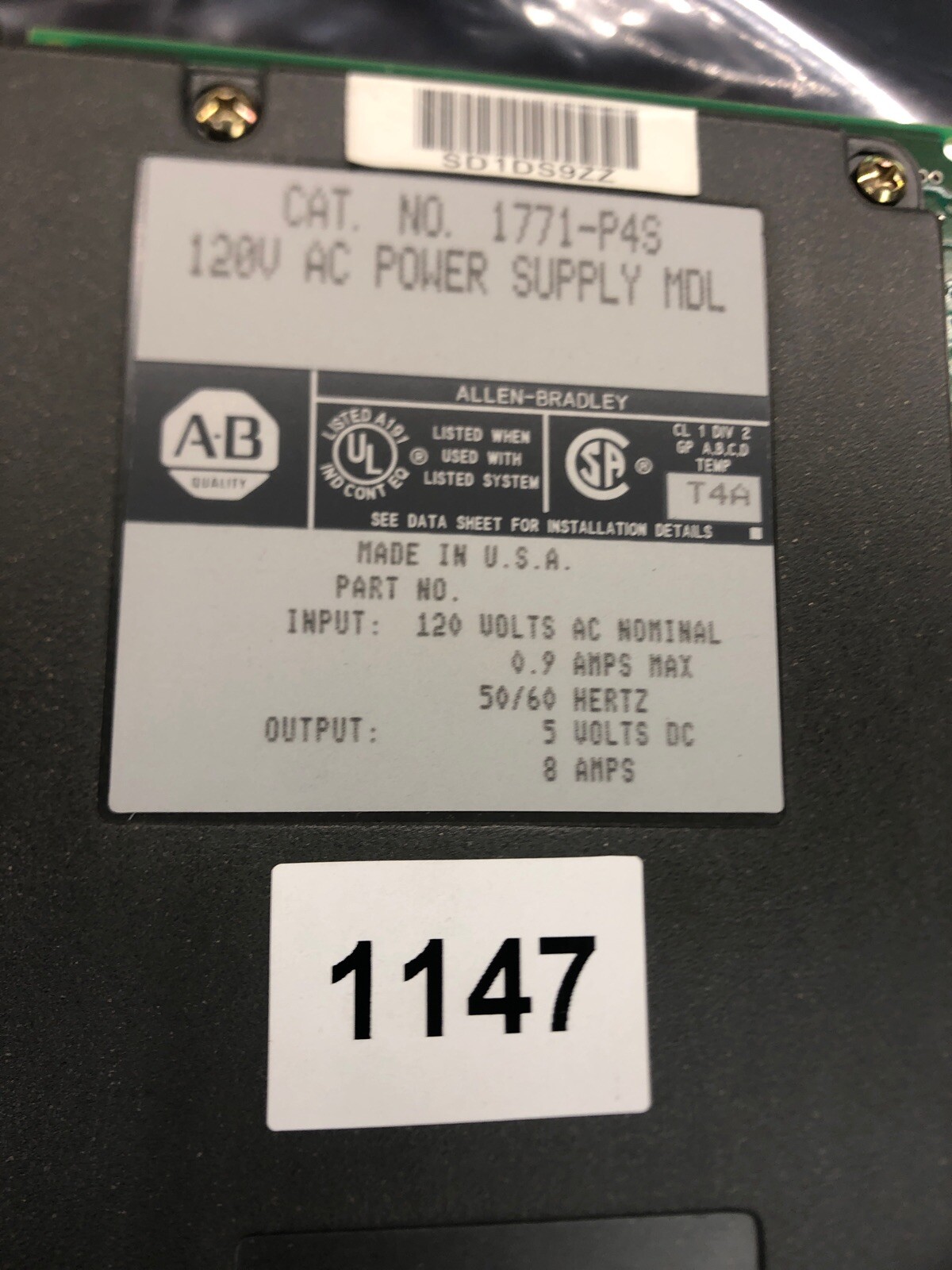 Allen Bradley 1771-P4S 8-Amp Power Supply for PLC-5 1771P4S 1771 P4S ...