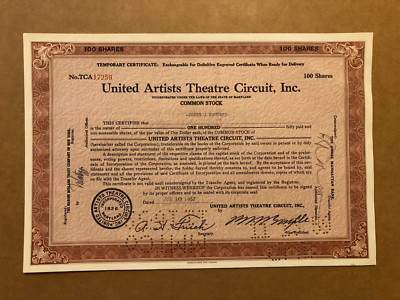 JACOB SHUBERT ISSUED TO AND SIGNED UNITED ARTISTS THEATRE STOCK ...