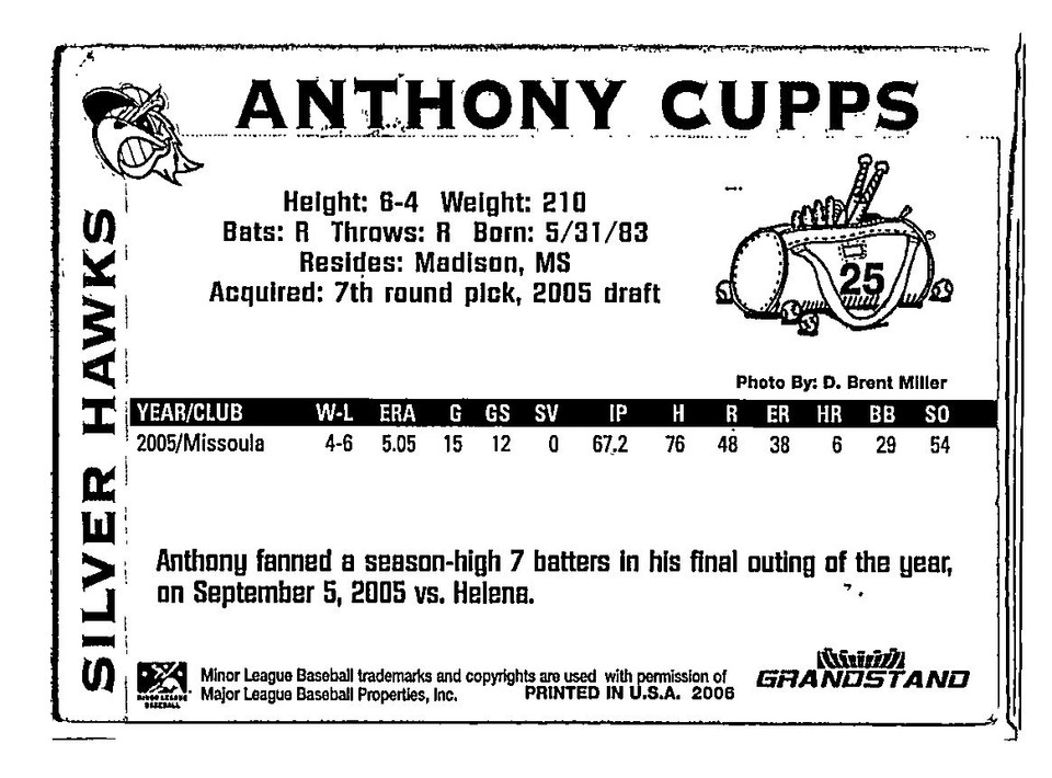 2006 Grandstand South Bend Silver Hawks #NNO Anthony Cupps Baseball ...