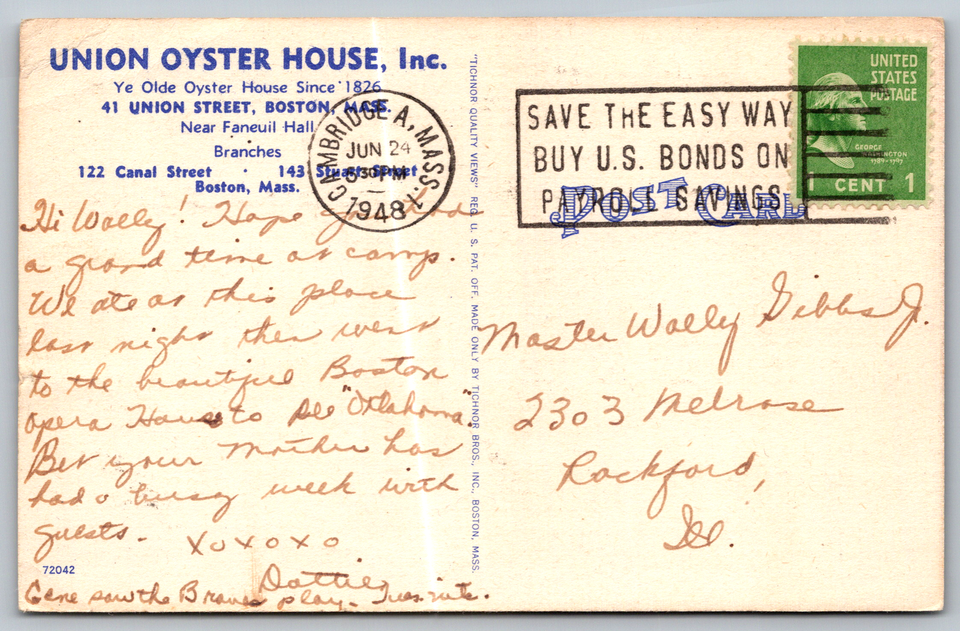 MA Union Oyster House Canal Massachusetts 143 Mass Bar c1940s Vintage ...