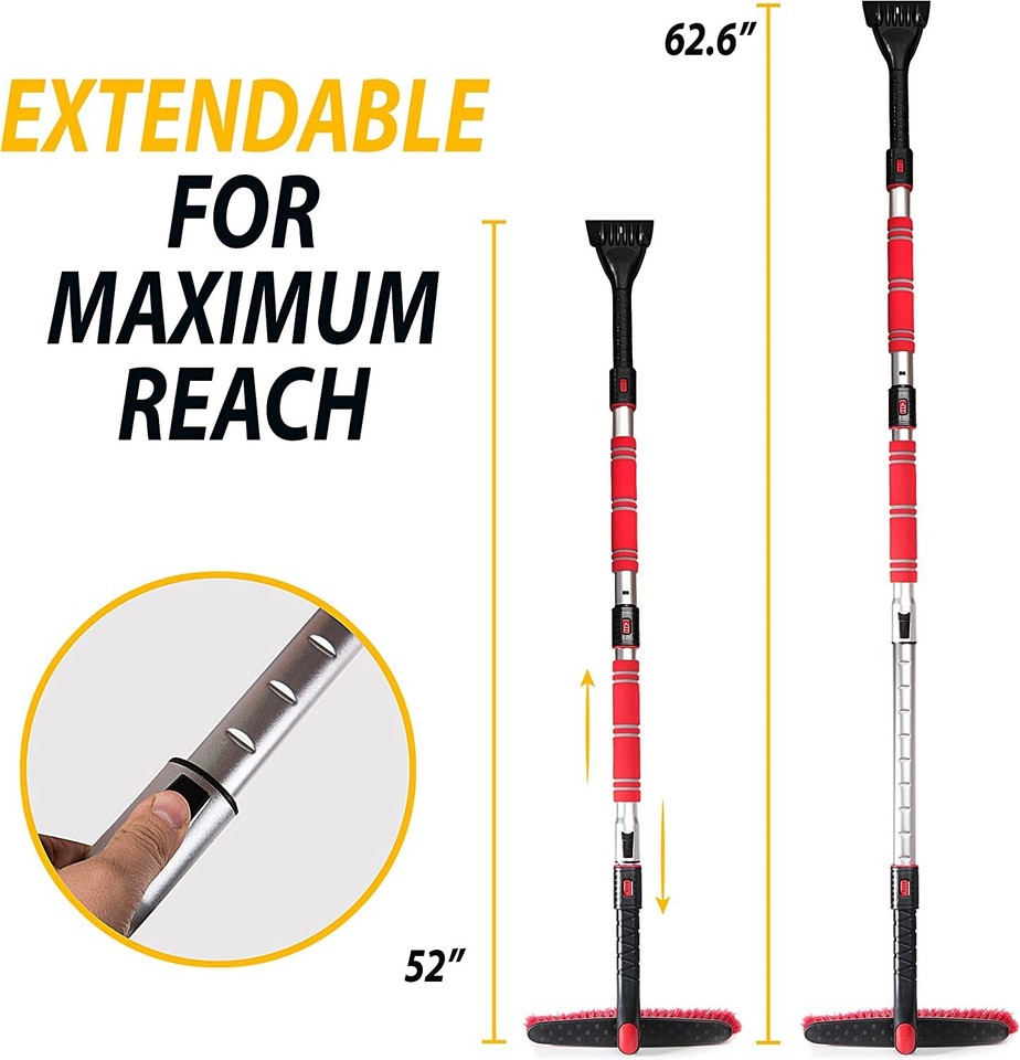 62" Portable Extendable Snow Brush and Ice Scraper 360° Pivoting Brush ...