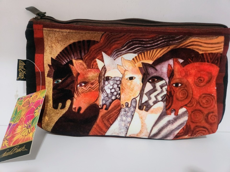 NWT Laurel Burch Makeup Bag Women Brown Red Tan Horse Canvas Zip Travel ...