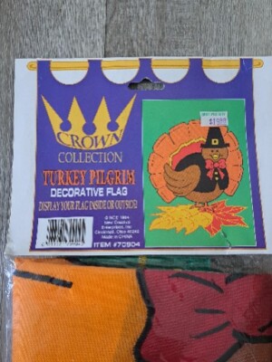 Thanksgiving Pilgrim Turkey Autumn Leaves 34x50 Flag NEW Crown ...