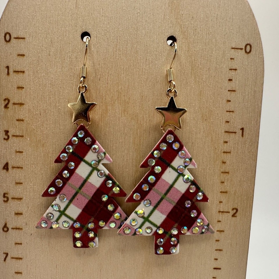 Red White Plaid Christmas Tree Rhinestone Crystal Gold Star Fish Hook ...