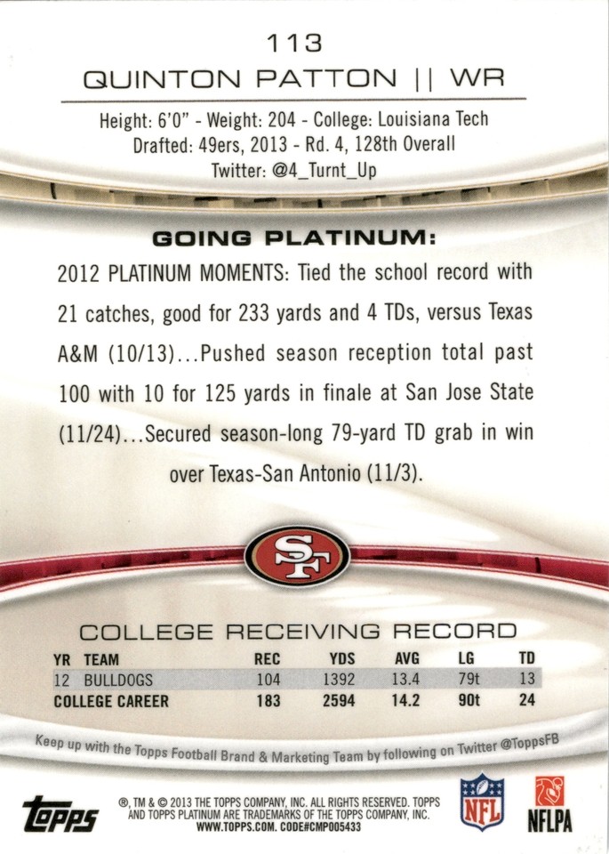 2013 Topps Platinum #113 Quinton Patton Great card! | eBay