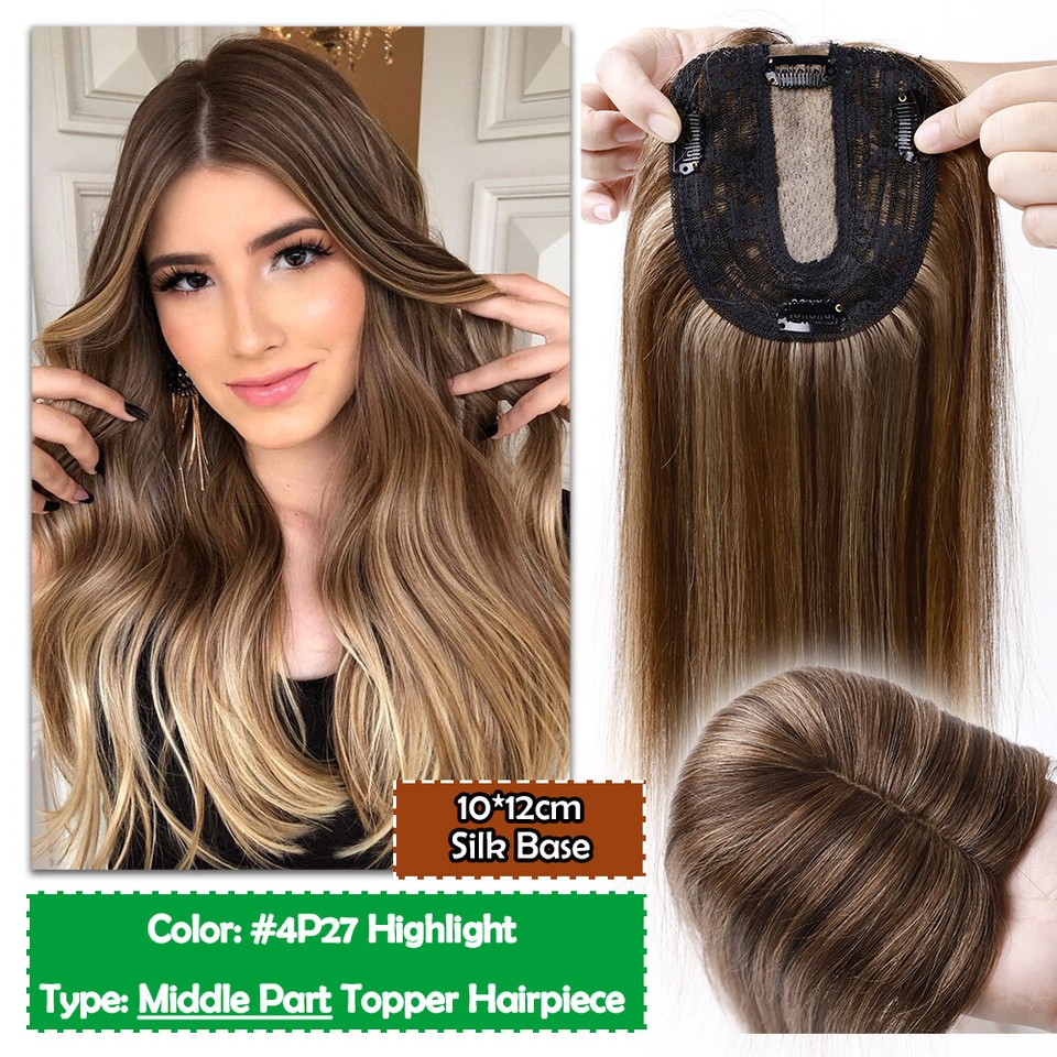 100% Real Remy Human Hair Clip In Toupee Hairpiece Mono Silk Base Women ...