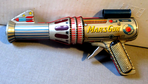 VINTAGE MARS GUN SPACE TIN TOY LITHO-FRICTION- ROCKET- SIREN- JAPAN ...