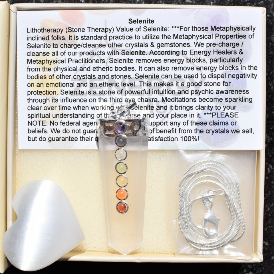 7 Chakra Selenite Flat Point Pendant + 20" Stainless Steel Chain ...