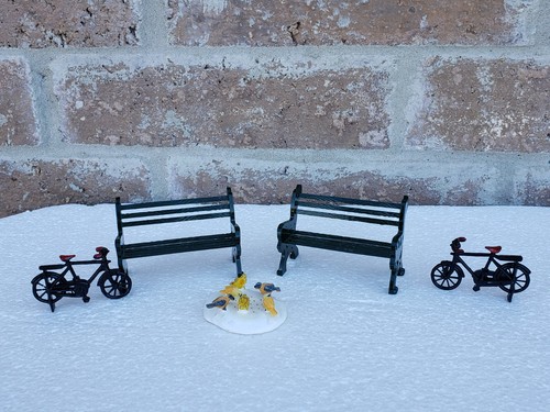 CHRISTMAS VILLAGE PARK BENCHES - BICYCLES - LEMAX BIRDS FEEDING ...