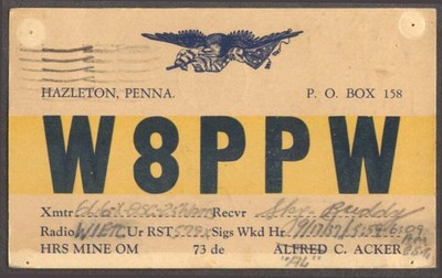 W8PPW Alfred C Acker Hazleton PA QSL card 1937 | eBay