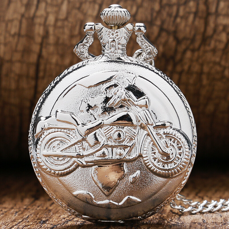 Silver Pocket Watch Motorcycles Design Quartz Watch with Necklace Women ...