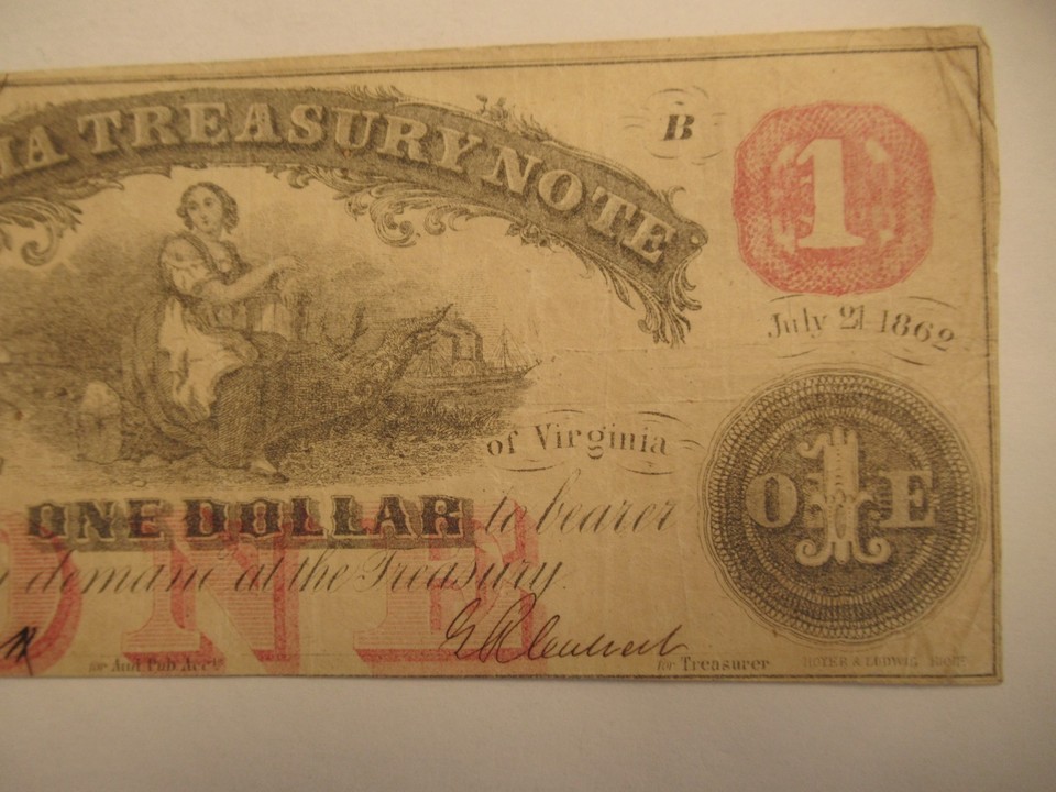 1862 Virginia Treasury Note, Richmond, $1 Note, obsolete note | eBay