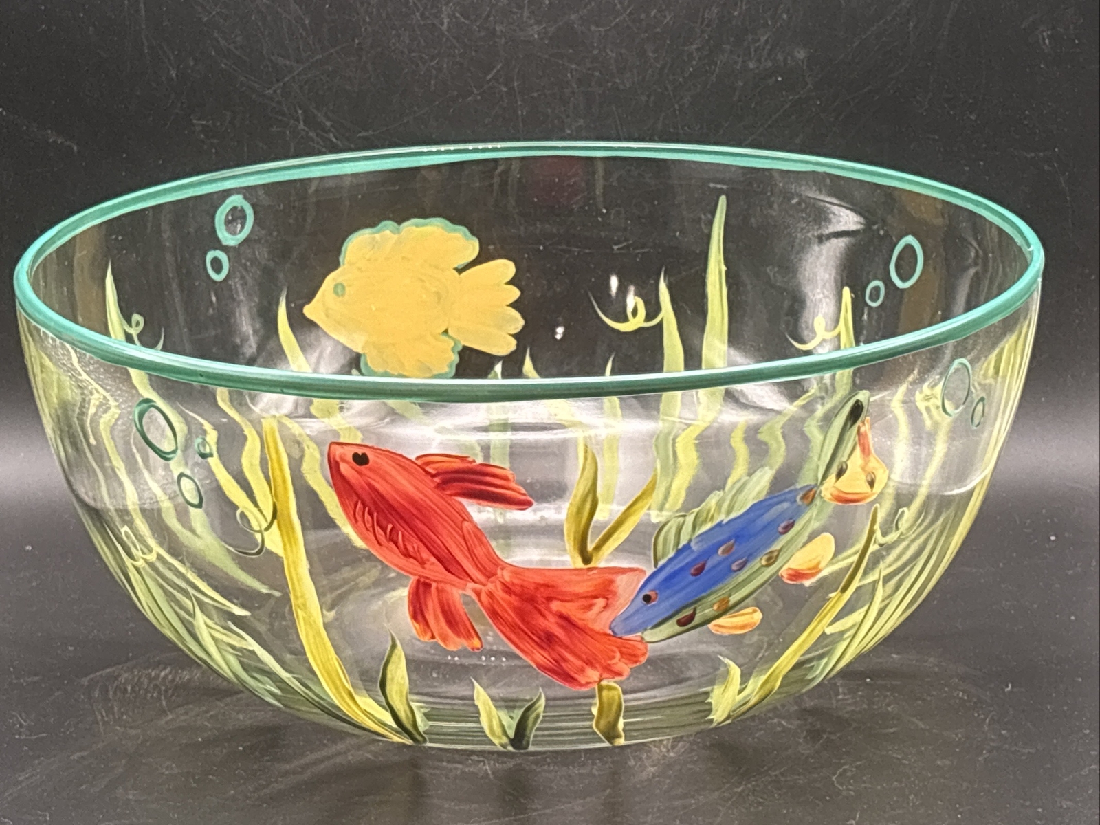Large Fiasco Inc. Hand Painted Glass Serving Salad Bowl Fish Underwater ...