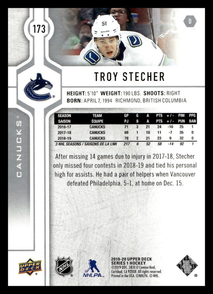 2019 Upper Deck #173 Troy Stecher Vancouver Canucks | eBay