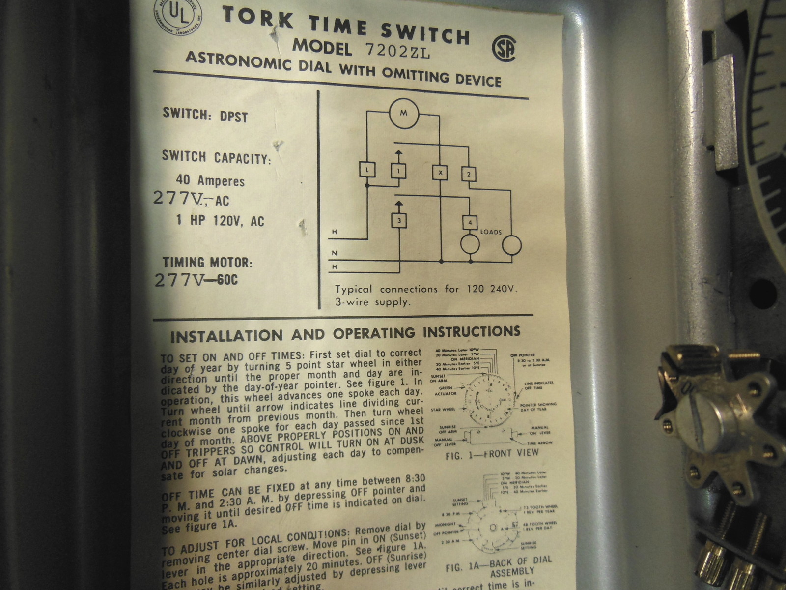 NEW Tork Time Control Timer 7202Z Double Pole single throw 40a per pole ...