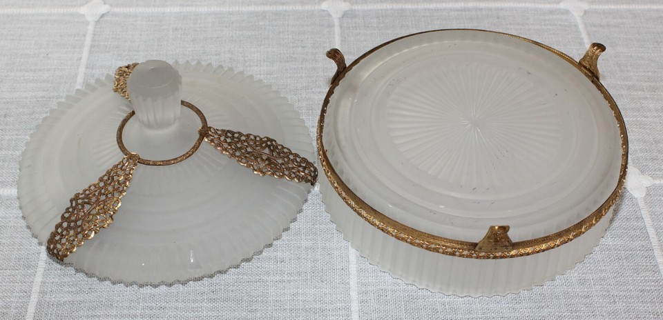 Hocking QUEEN MARY Frosted Glass Footed Candy Dish Brass Ornate ...