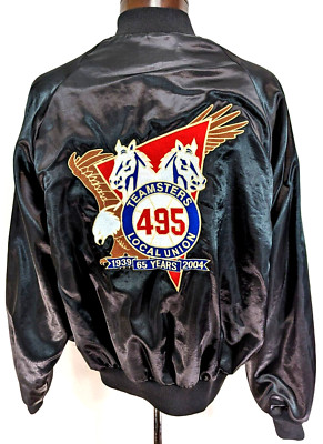 TEAMSTERS Local 495 Local Union Black Satin Bomber Jacket Windjammer ...