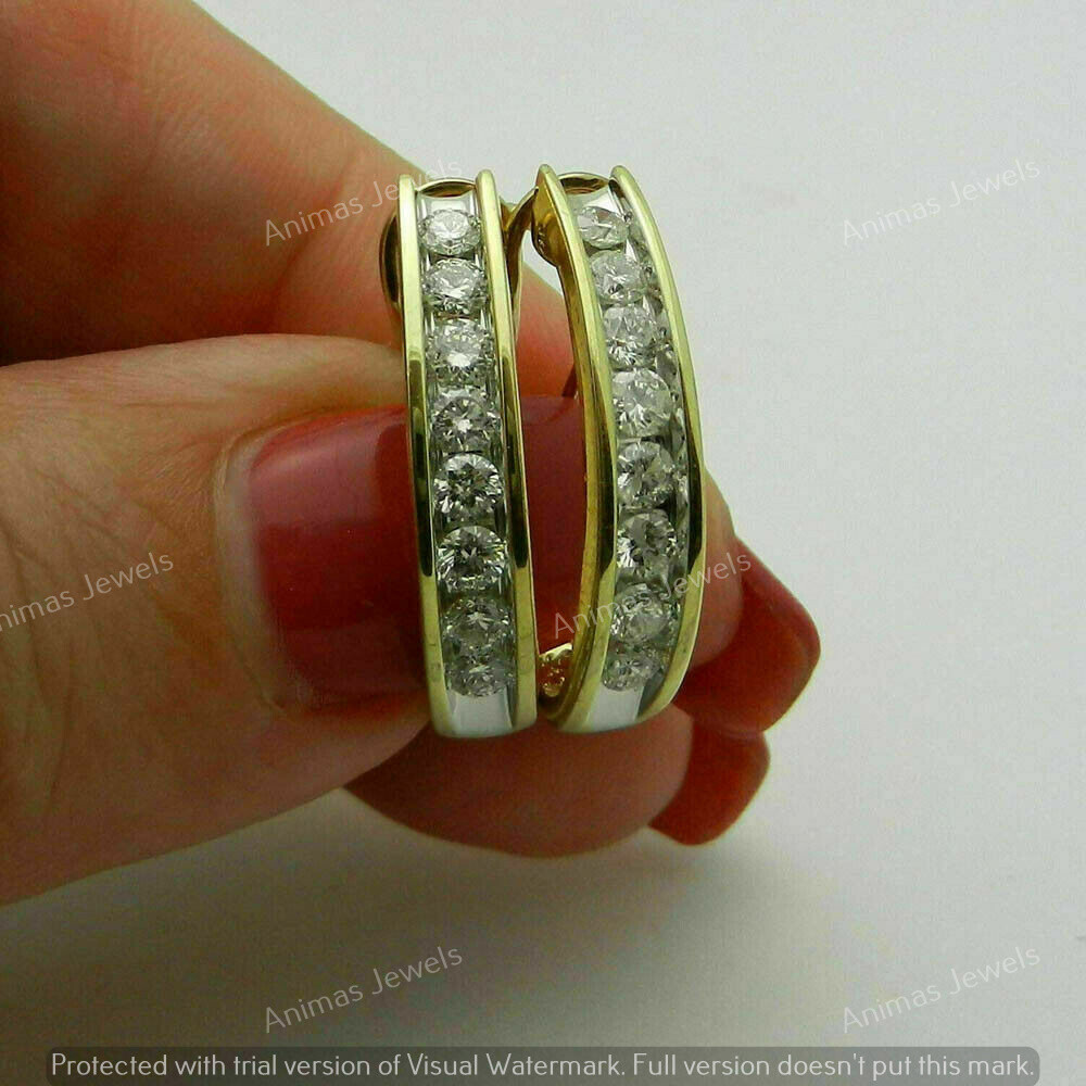 1.50Ct Channel Set Moissanite Omega Back Hoops Earrings 14K Yellow Gold ...